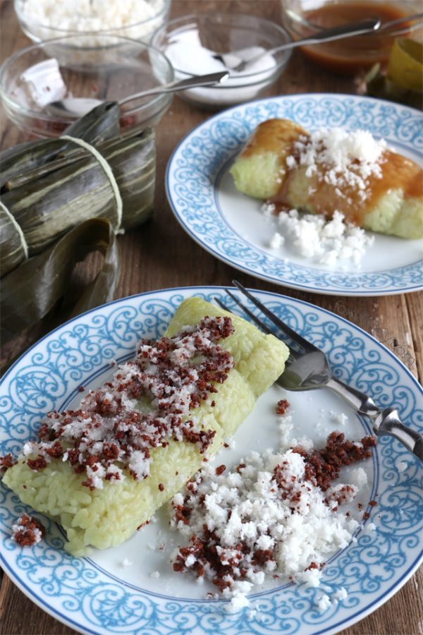 Suman sa Lihiya. With Latik and grated coconut or Latik sauce